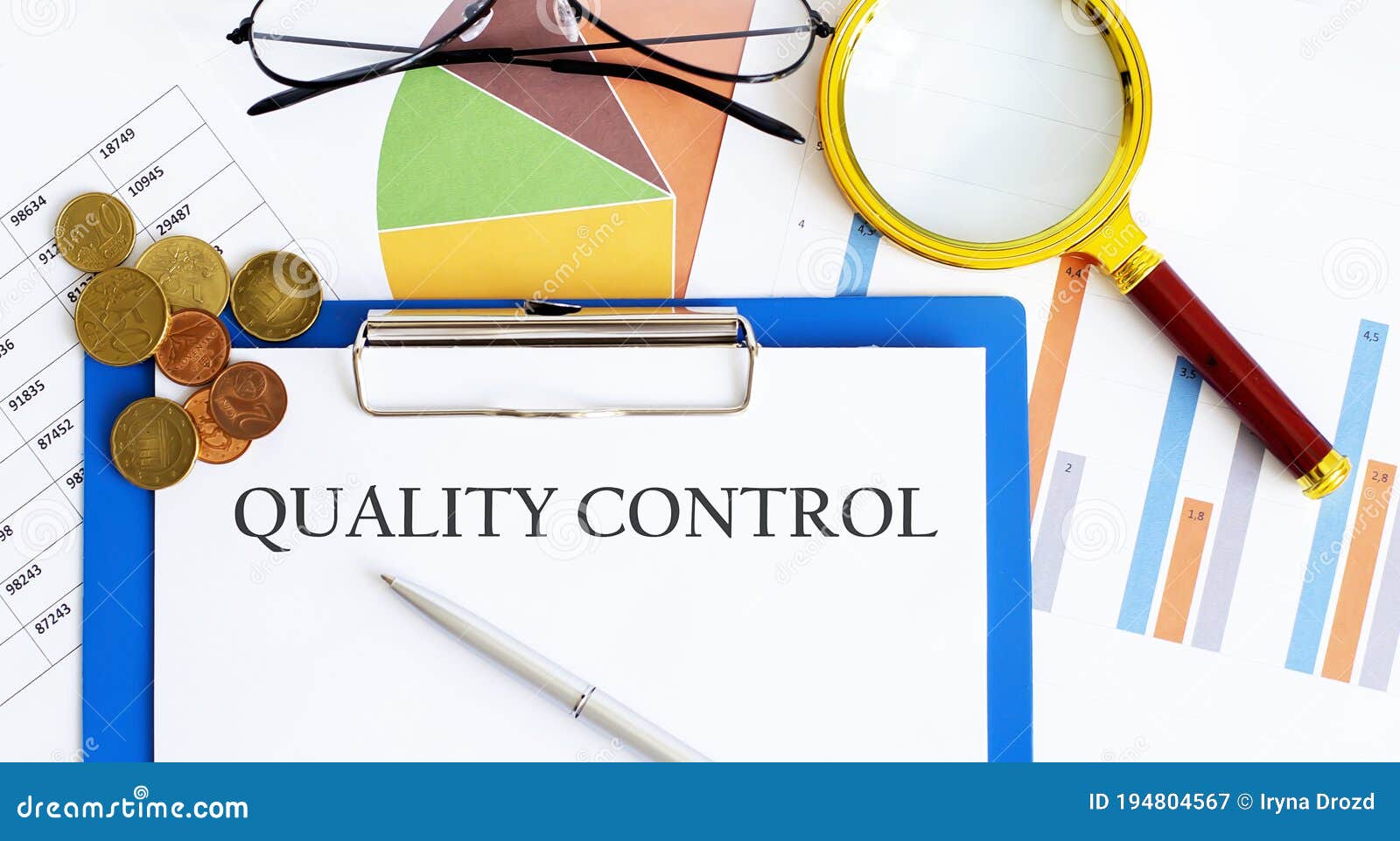 QUALITY CONTROL Text on Paper Sheet with Magnifying Glass on Chart ...