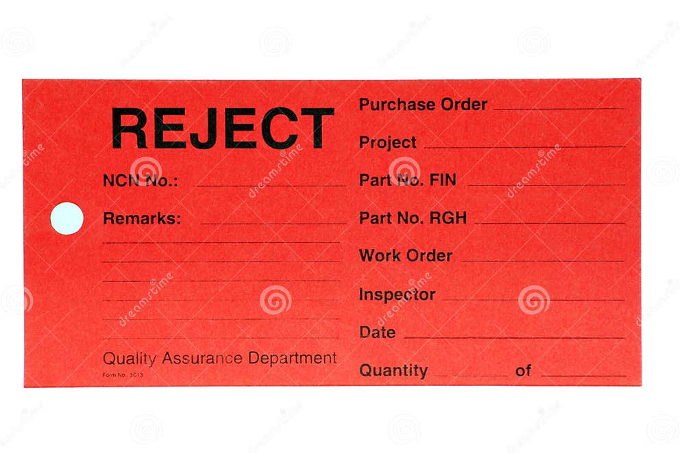 Quality Department Reject Tag Stock Image - Image of reject ...