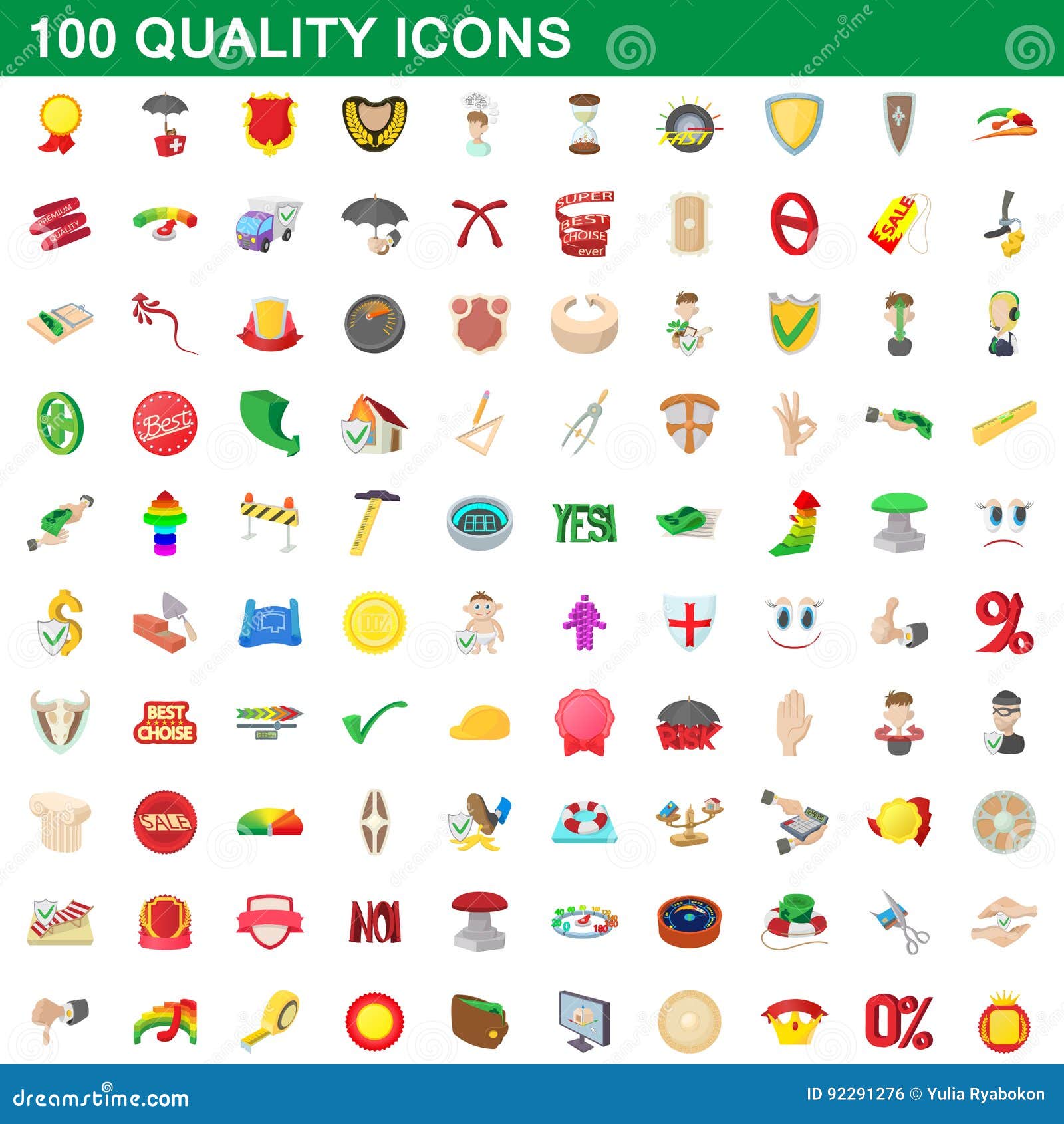 100 Quality Icons Set, Cartoon Style Stock Vector - Illustration of ...