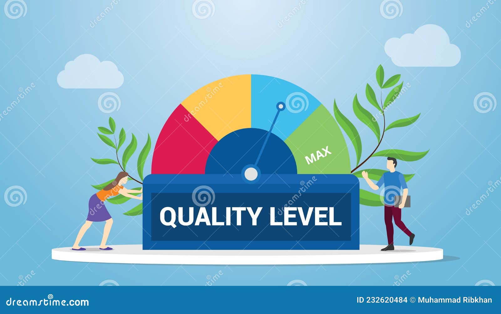 Quality Level Concept with Speed Tracker Speedometer with People Team ...