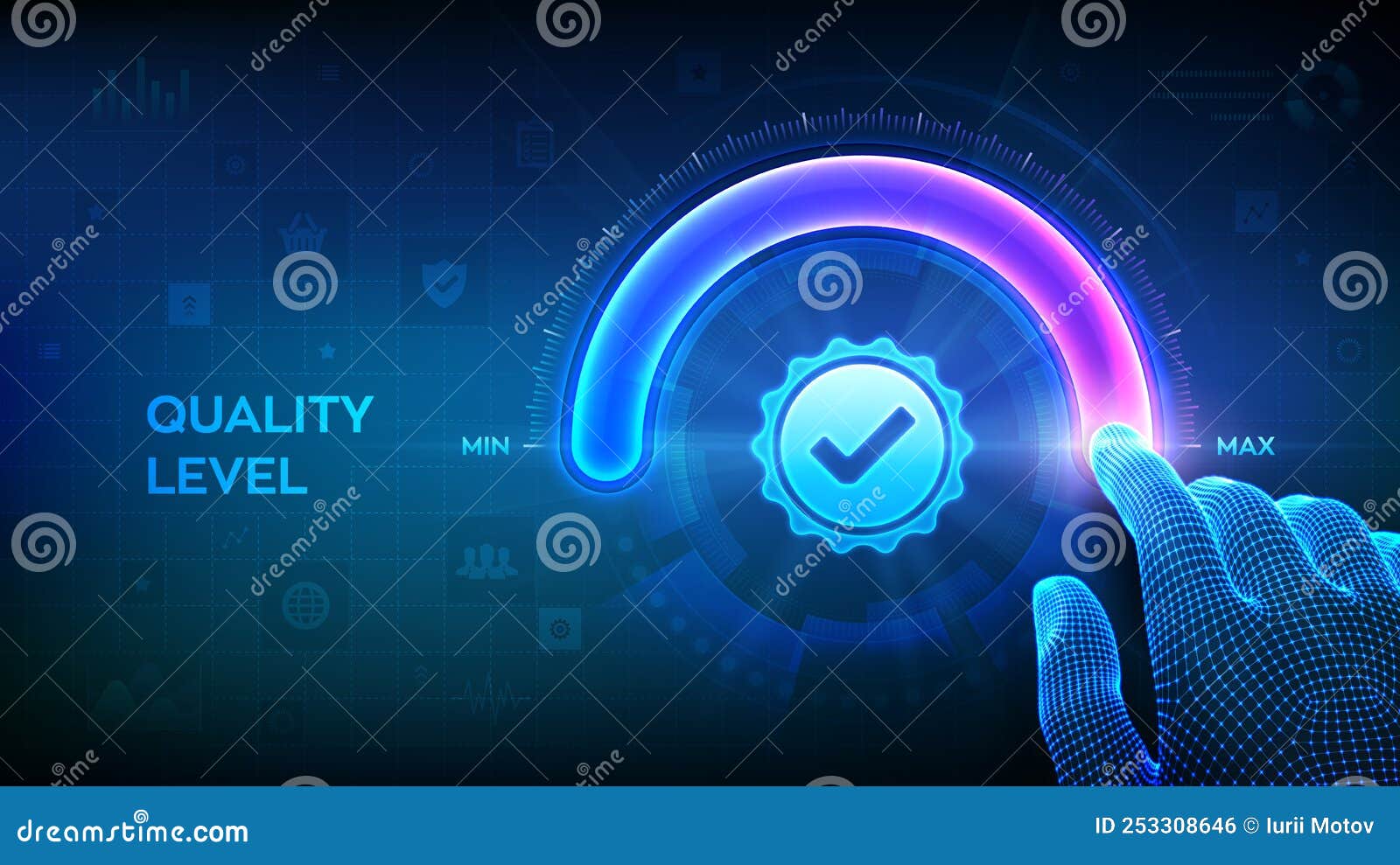 Quality Levels Growth. Wireframe Hand Is Pulling Up To The Maximum ... Quality Levels Growth. Wireframe Hand Is Pulling Up To The Maximum ...