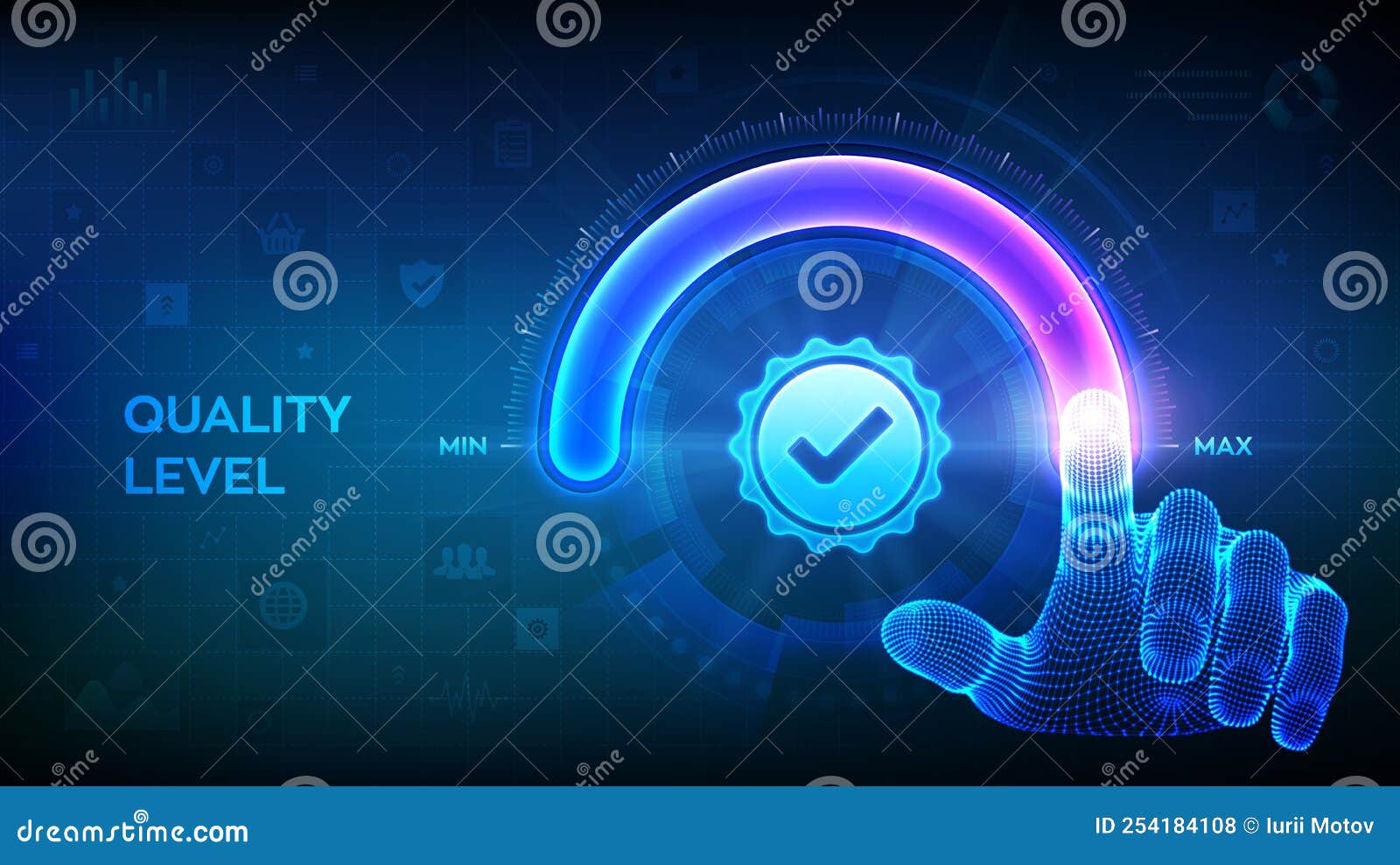 Quality Levels Growth. Wireframe Hand Is Pulling Up To The Maximum ... Quality Levels Growth. Wireframe Hand Is Pulling Up To The Maximum ...