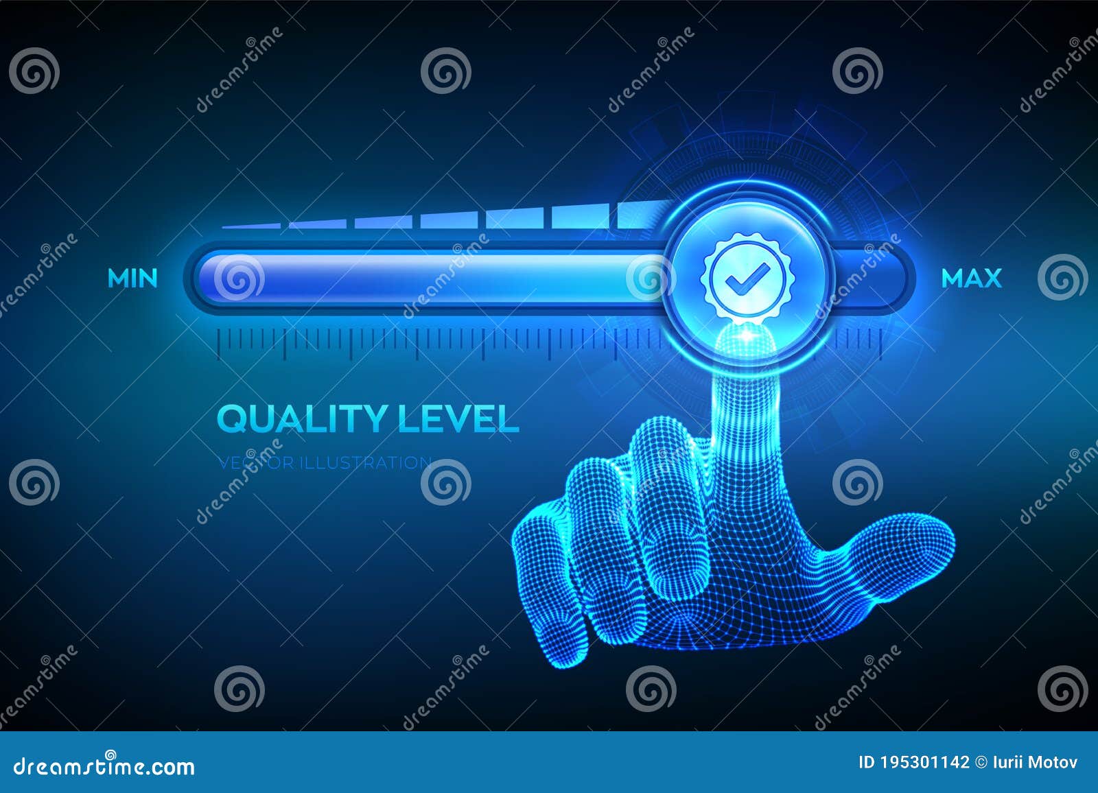 Quality Levels Growth. Wireframe Hand Is Pulling Up To The Maximum ...