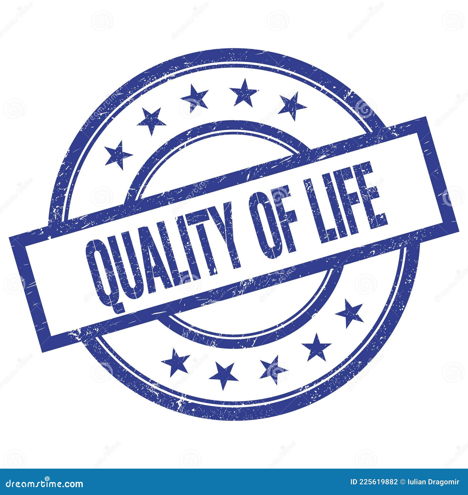 QUALITY of LIFE Text Written on Blue Vintage Round Stamp Stock ...