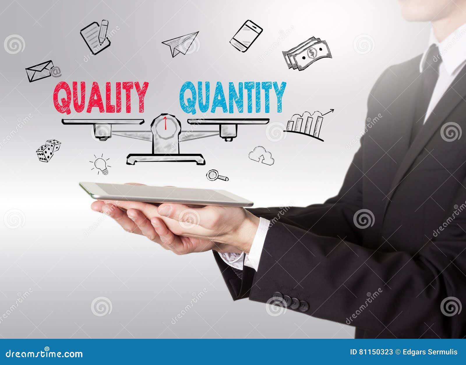 Quality and Quantity Balance, Young Man Holding a Tablet Compute Stock ...