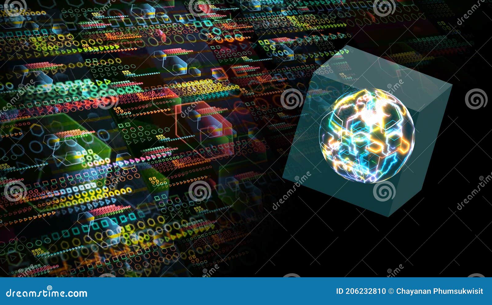 Quantum Computer in the Cube Futuristic Technology Digital Orange Green ...