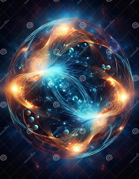 Quantum Computing Concept with Glowing Qubits Interacting in a Sphere Stock Illustration ...