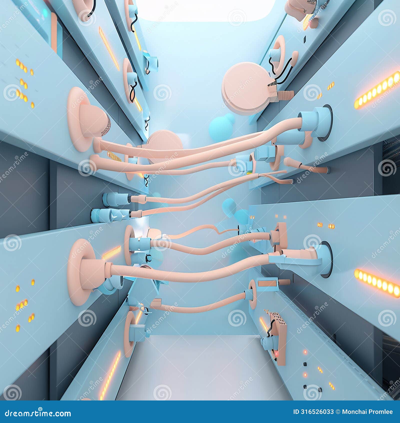 Quantum Data Center, Cables and Lights in Motion, Overhead Angle, Vivid ...
