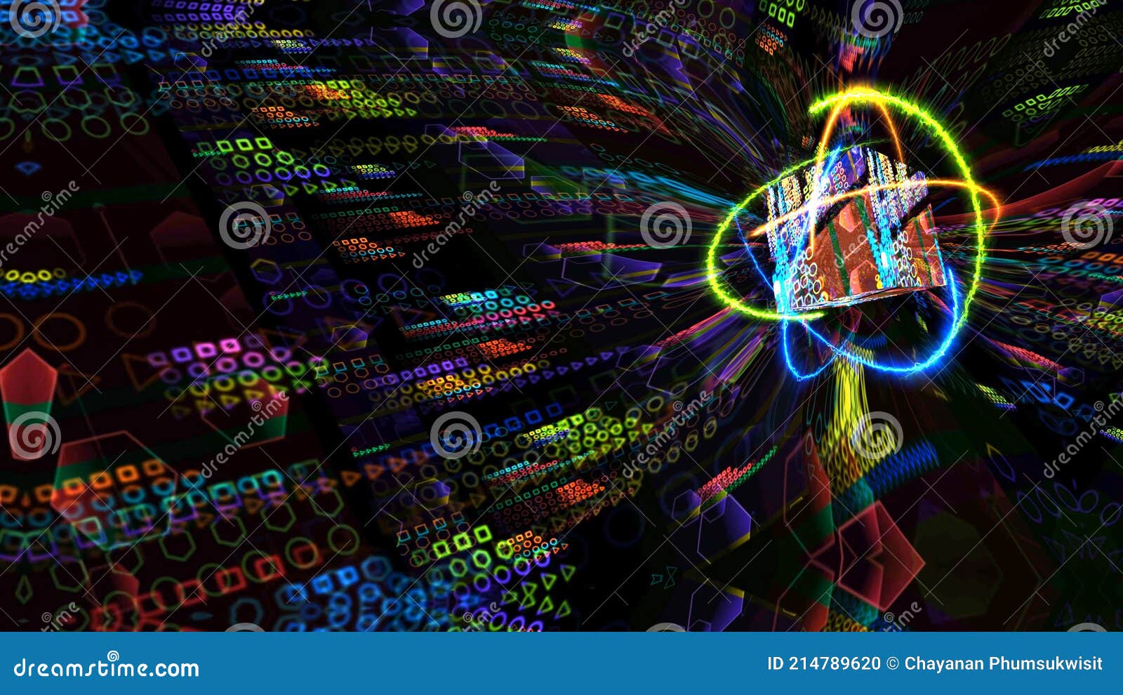 Quantum Light Blue Core and Futuristic Computer with Infinity of Orange ...