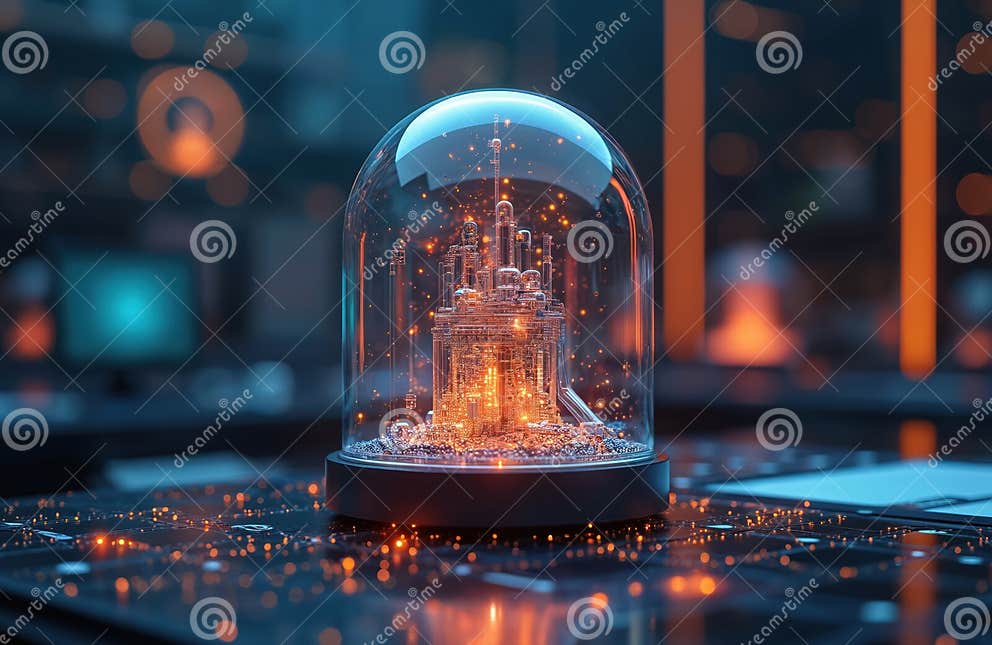Quantum Processor Under Glass Dome Sits on Circuit Board with Orange Illumination. it Presents ...