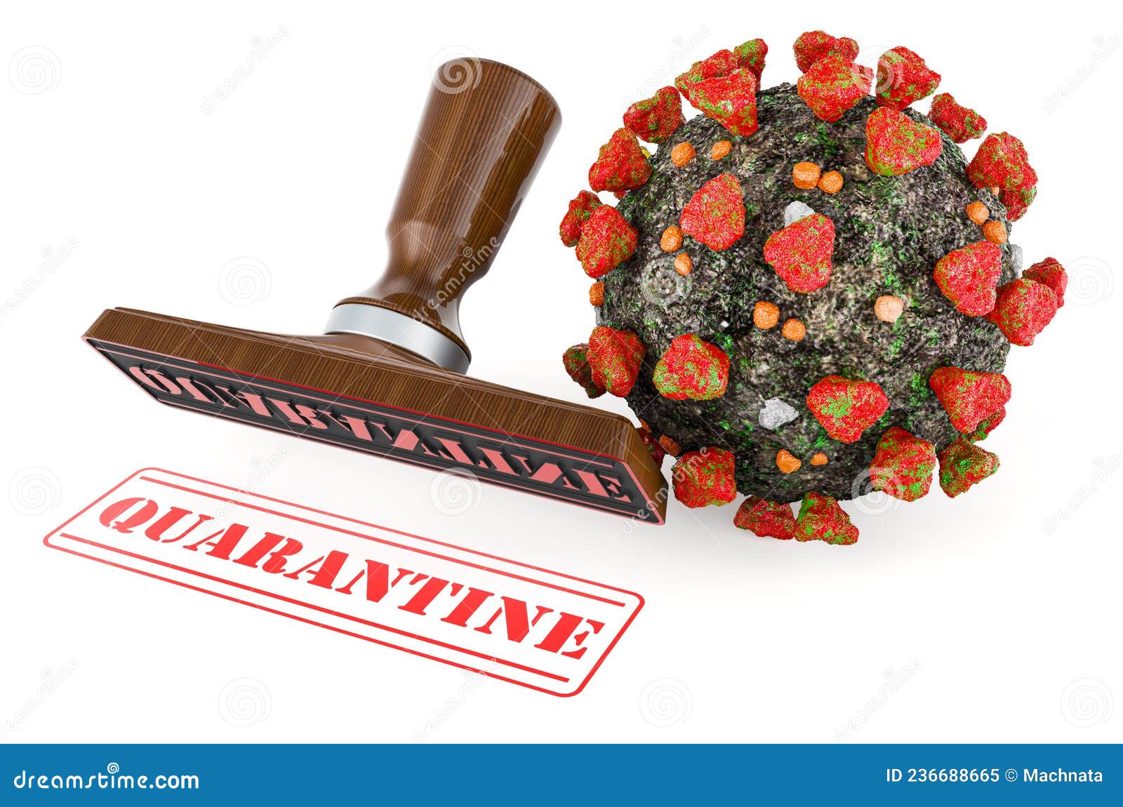 Quarantine Stamp. Wooden Stamper with Virus, 3D Rendering Stock ...