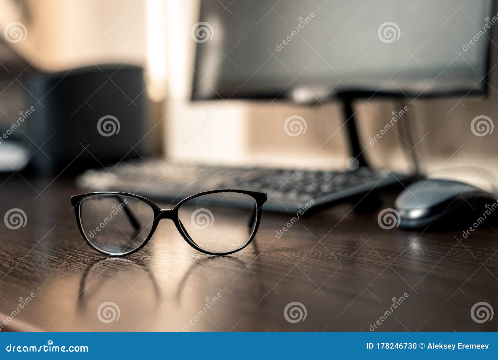 Quarantined Work Area, Computer and Glasses on the Table. Horizontal ...