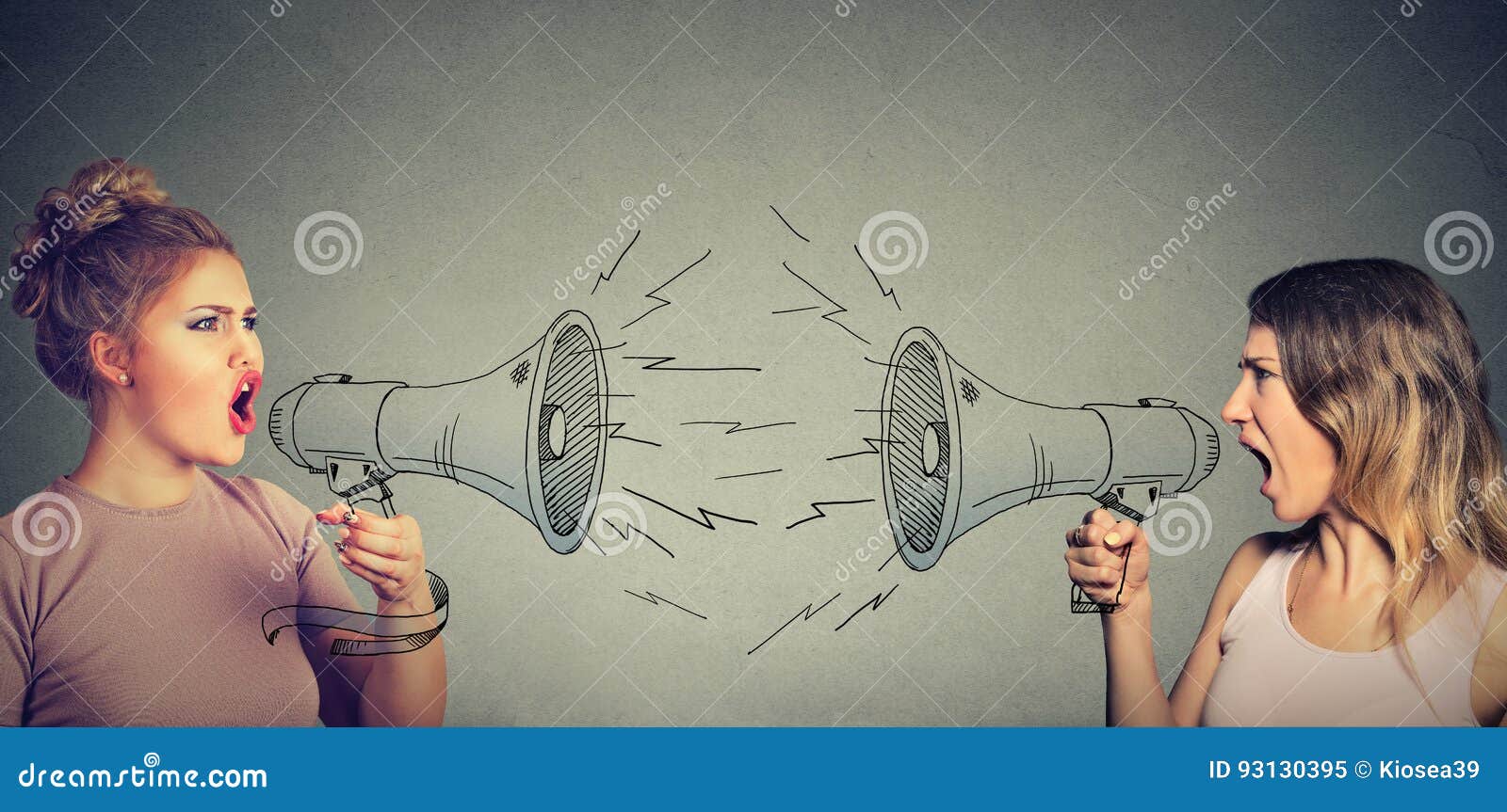 Quarrel Between Two Women Screaming At Each Other In Megaphone Stock ...
