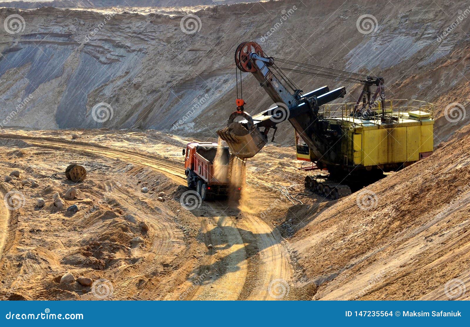 Quarry Excavator Loading Sand or into Dump Truck at Opencast Stock Photo - Image of opencast ...