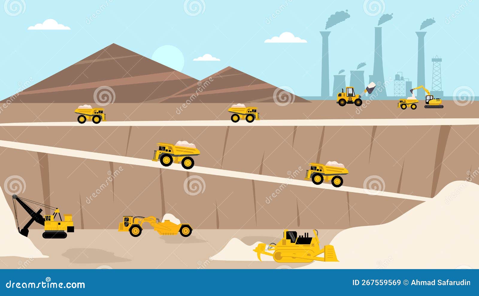 Quarry Landscape Flat Elements with Mining Vehicles. Pit Sand and ...