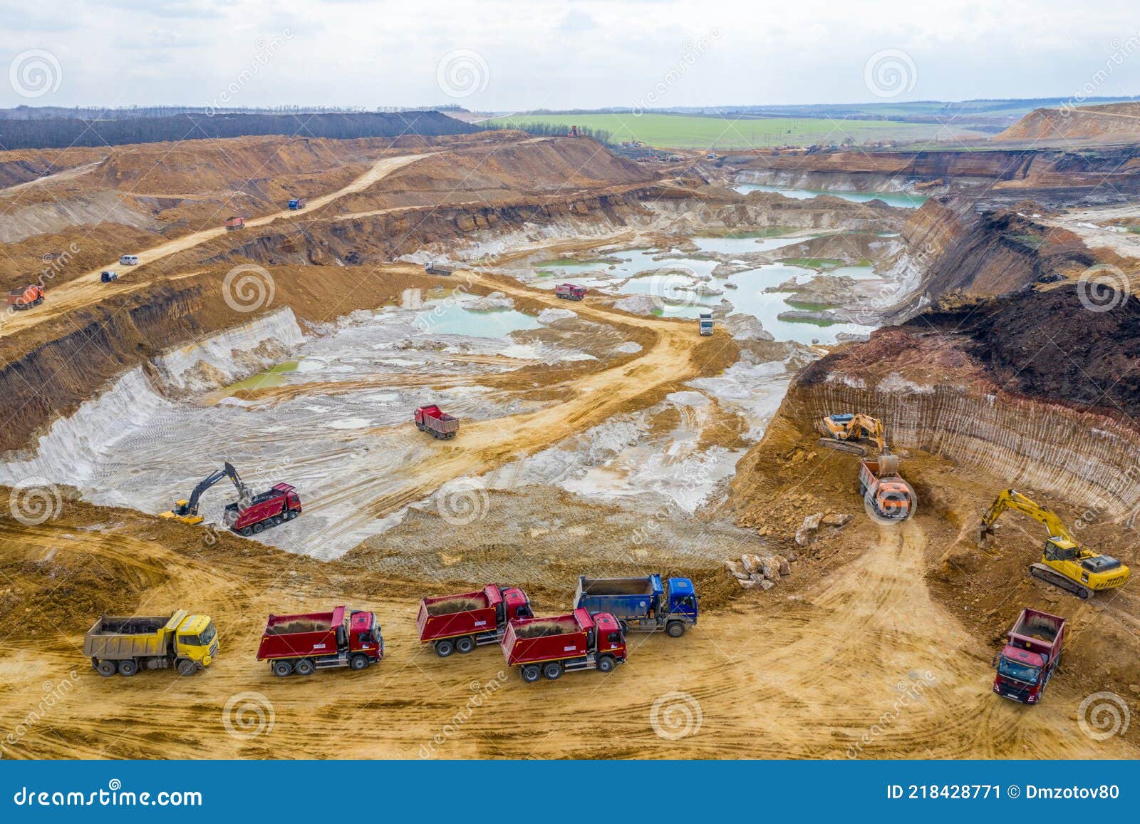 Quarry, Mining and Construction, Excavators and Trucks, View from Above ...