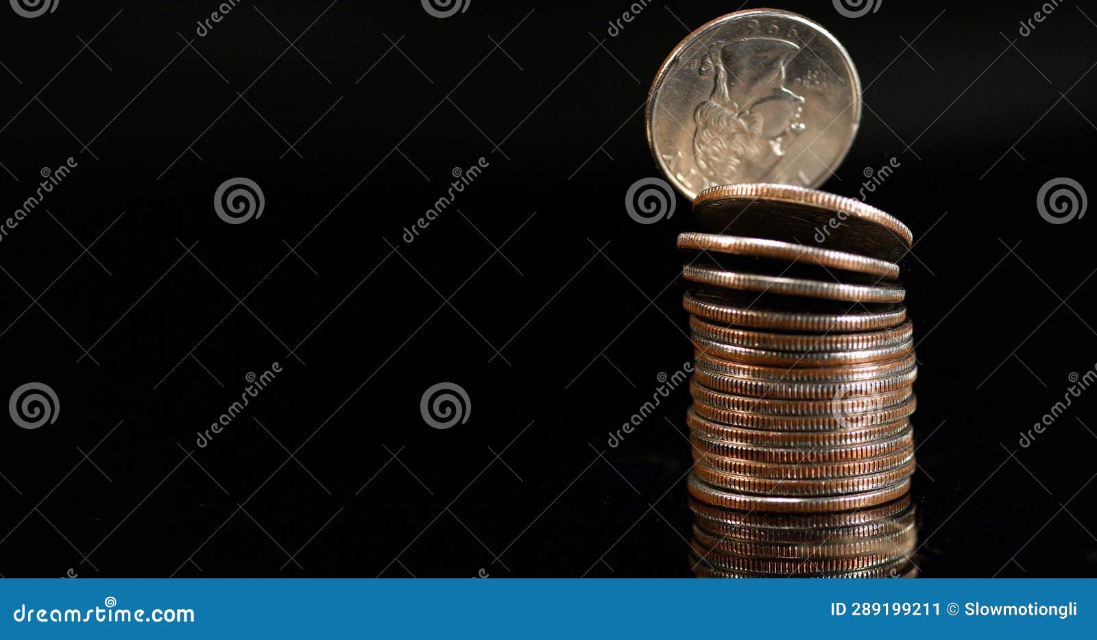 Quarter Dollar Coins Falling, Rolling and Sliding on Black Background ...