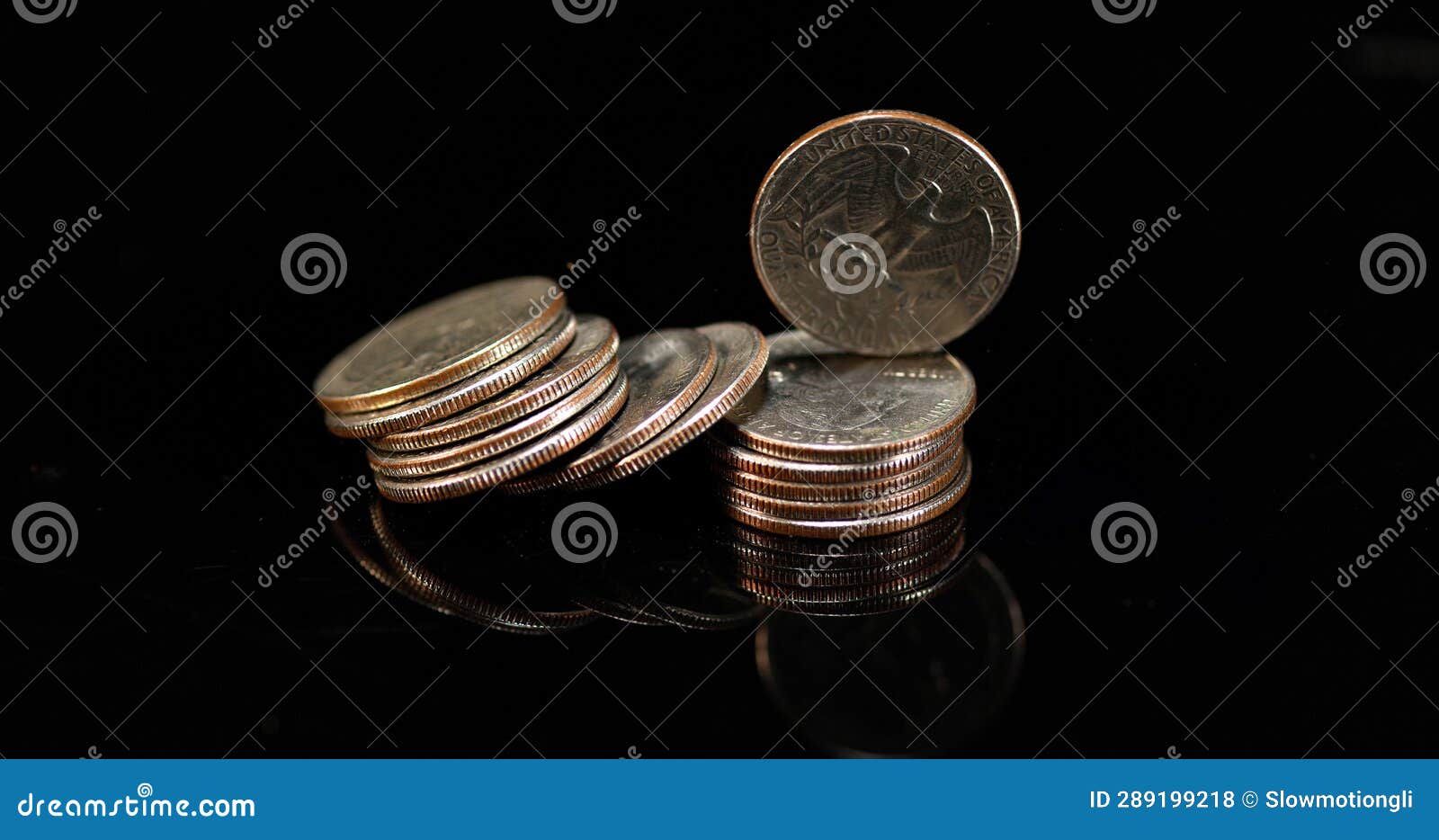 Quarter Dollar Coins Falling, Rolling and Sliding on Black Background ...