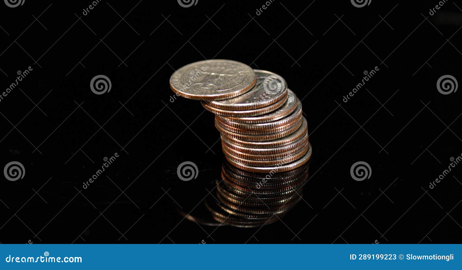 Quarter Dollar Coins Falling, Rolling and Sliding on Black Background ...