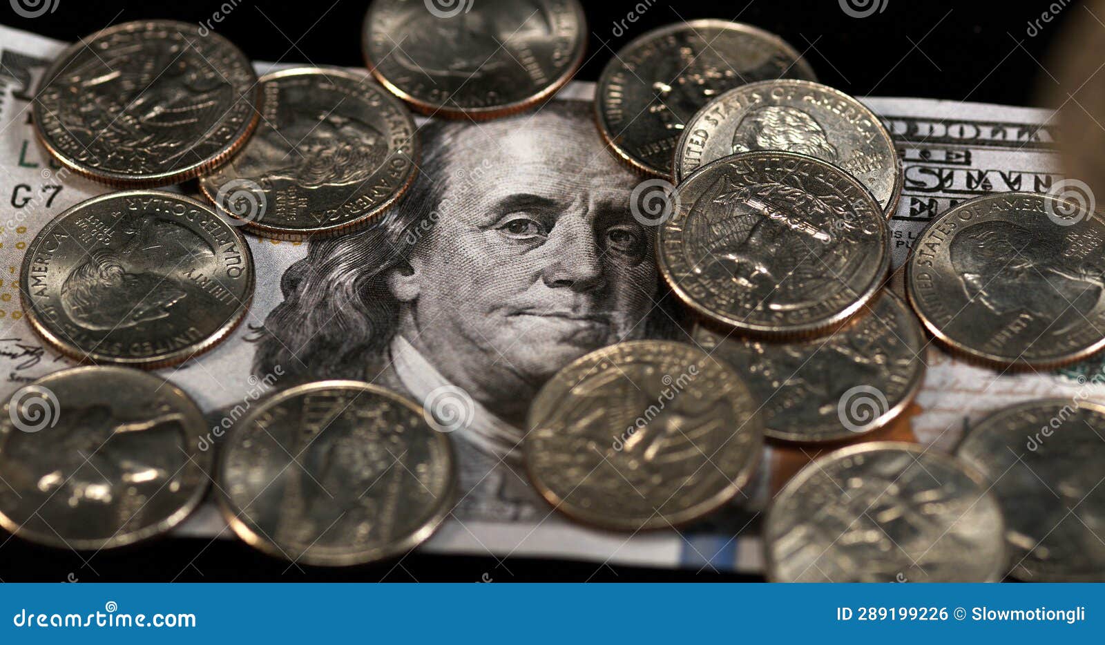 Quarter Dollar Coins Falling, Rolling and Sliding on Black Background ...