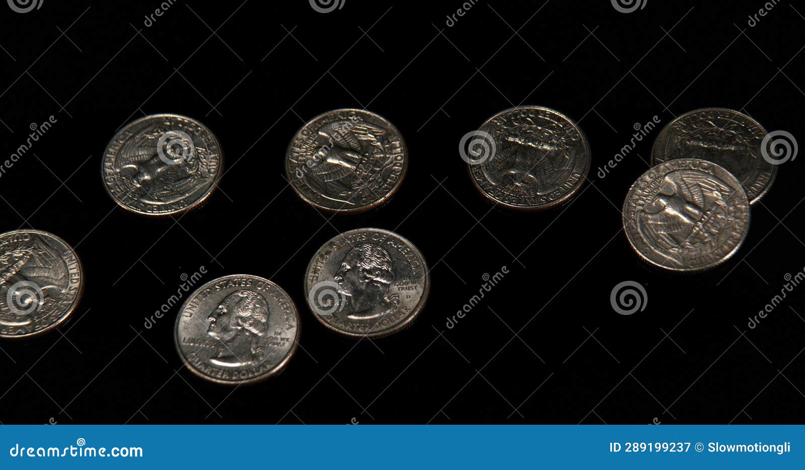 Quarter Dollar Coins Falling, Rolling and Sliding on Black Background ...