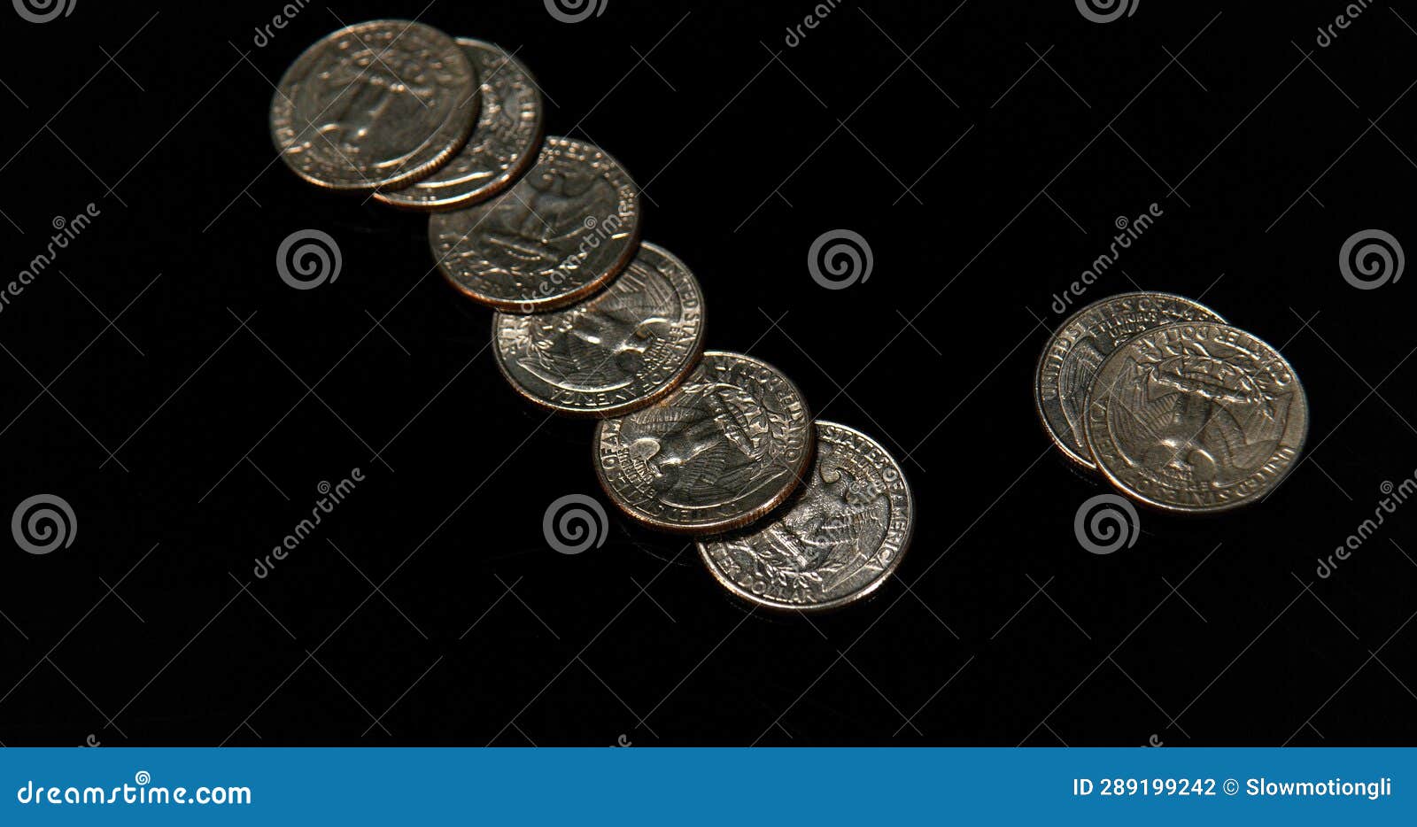Quarter Dollar Coins Falling, Rolling and Sliding on Black Background ...