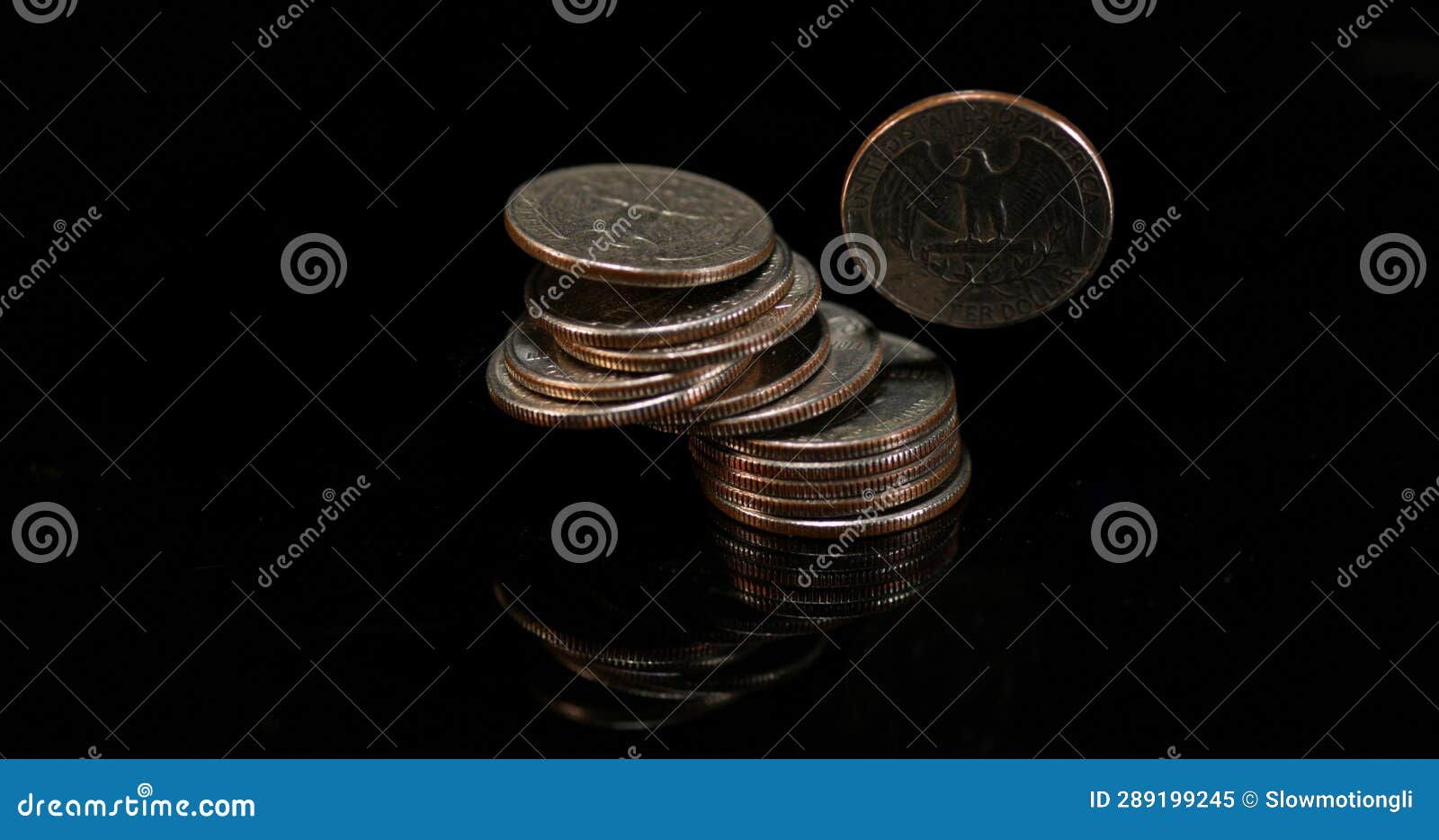 Quarter Dollar Coins Falling, Rolling and Sliding on Black Background ...