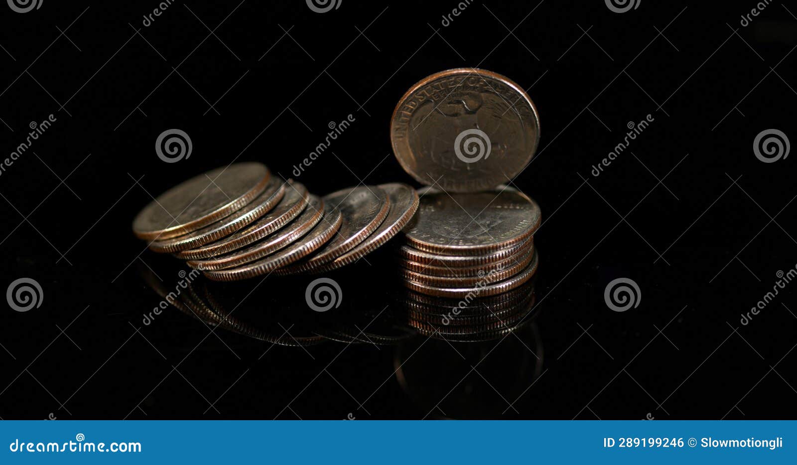 Quarter Dollar Coins Falling, Rolling and Sliding on Black Background ...