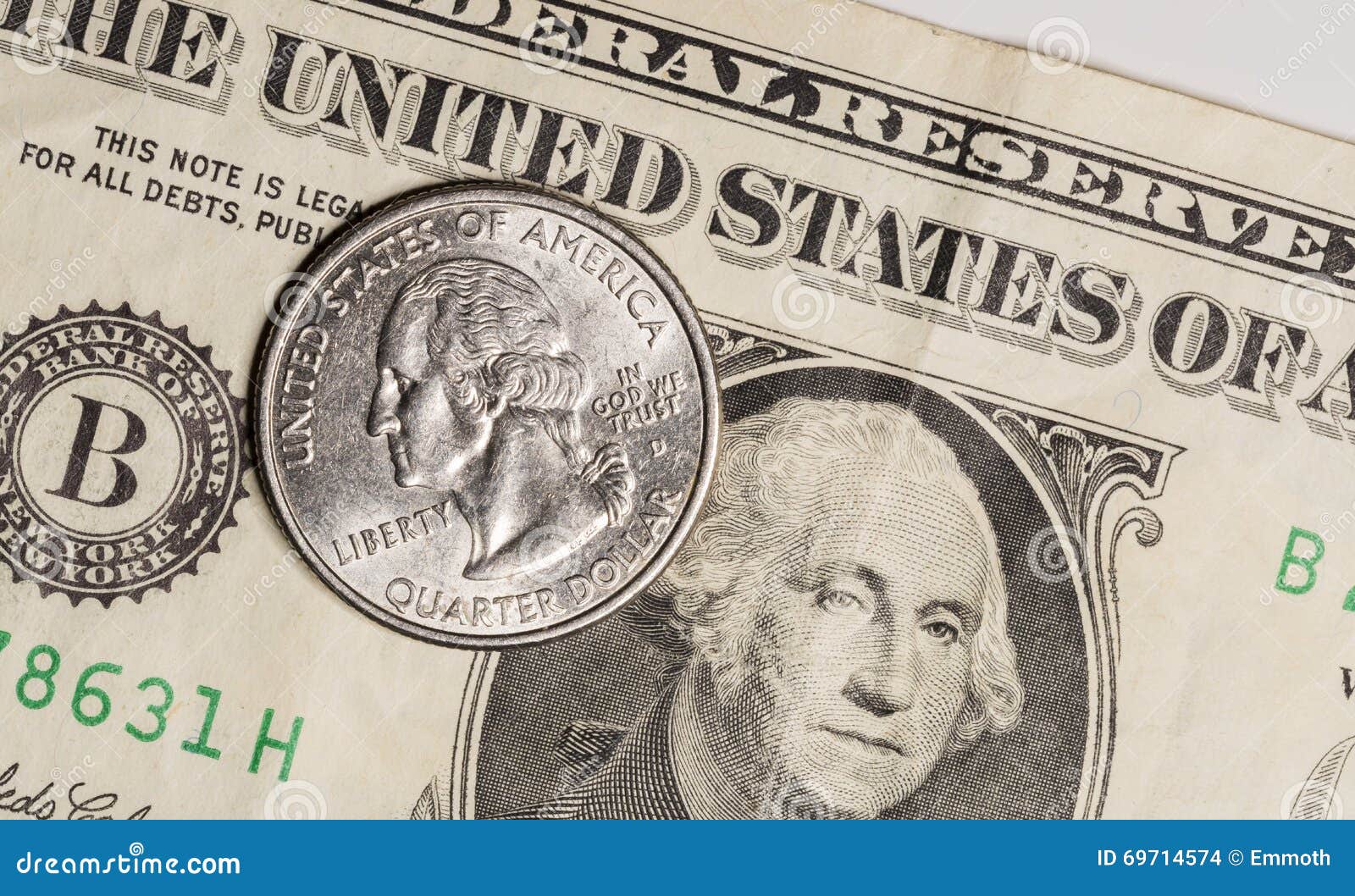 Quarter on US Dollar Bill stock photo. Image of trust - 69714574