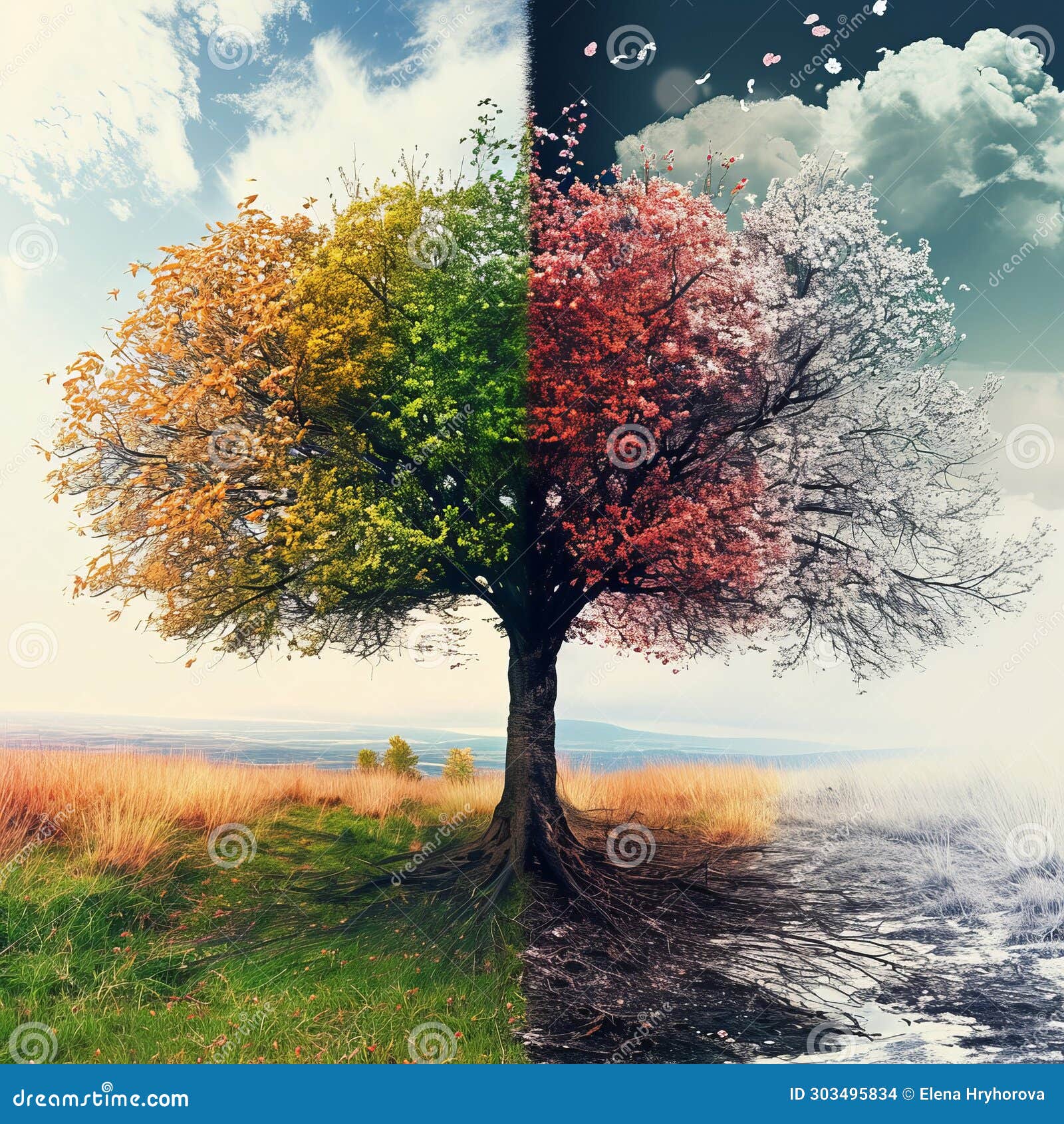 Quartet of Seasonal Changes Represented on One Tree, Showcasing Nature ...