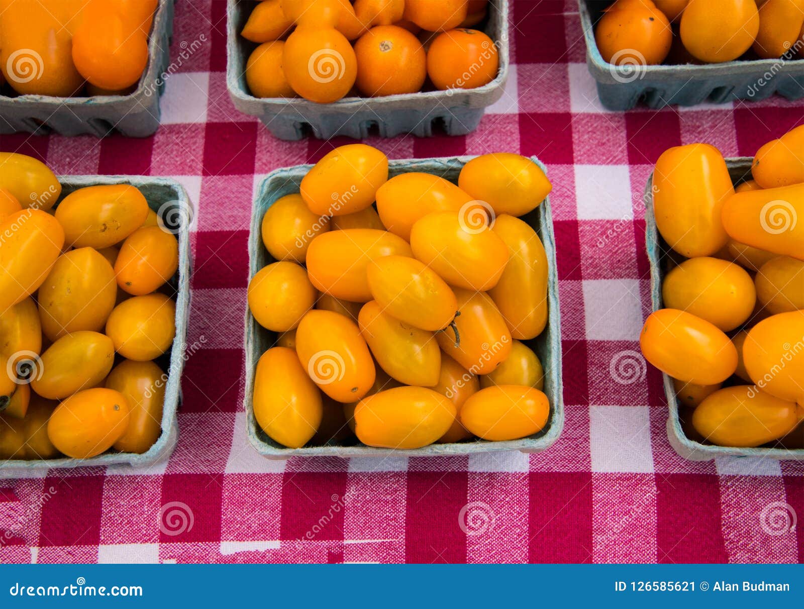 Quarts of Oval Yellow Tomatoes on a Checkerboard Red and White ...