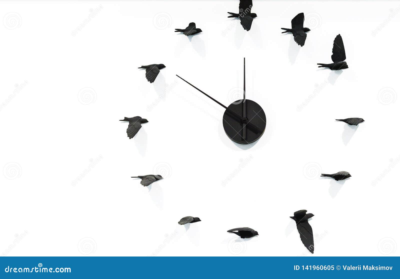 Quartz Clock with Black Birds on a White Wall Stock Image - Image of ...