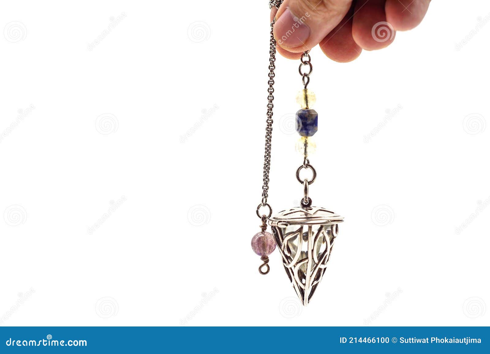 Hand Holding and Using Amethyst Crystal Pendulum on Silver Chain Stock ...