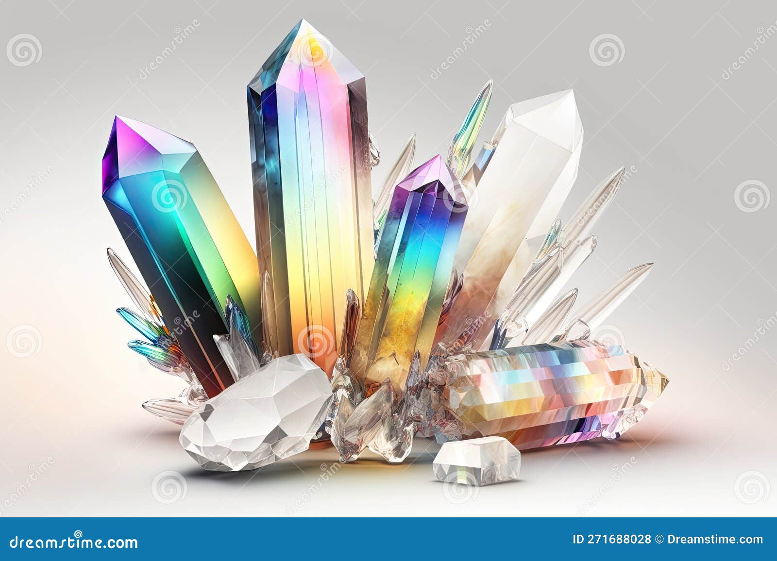 Quartz Crystals with Rainbow and Titanium Auras on a White Background ...