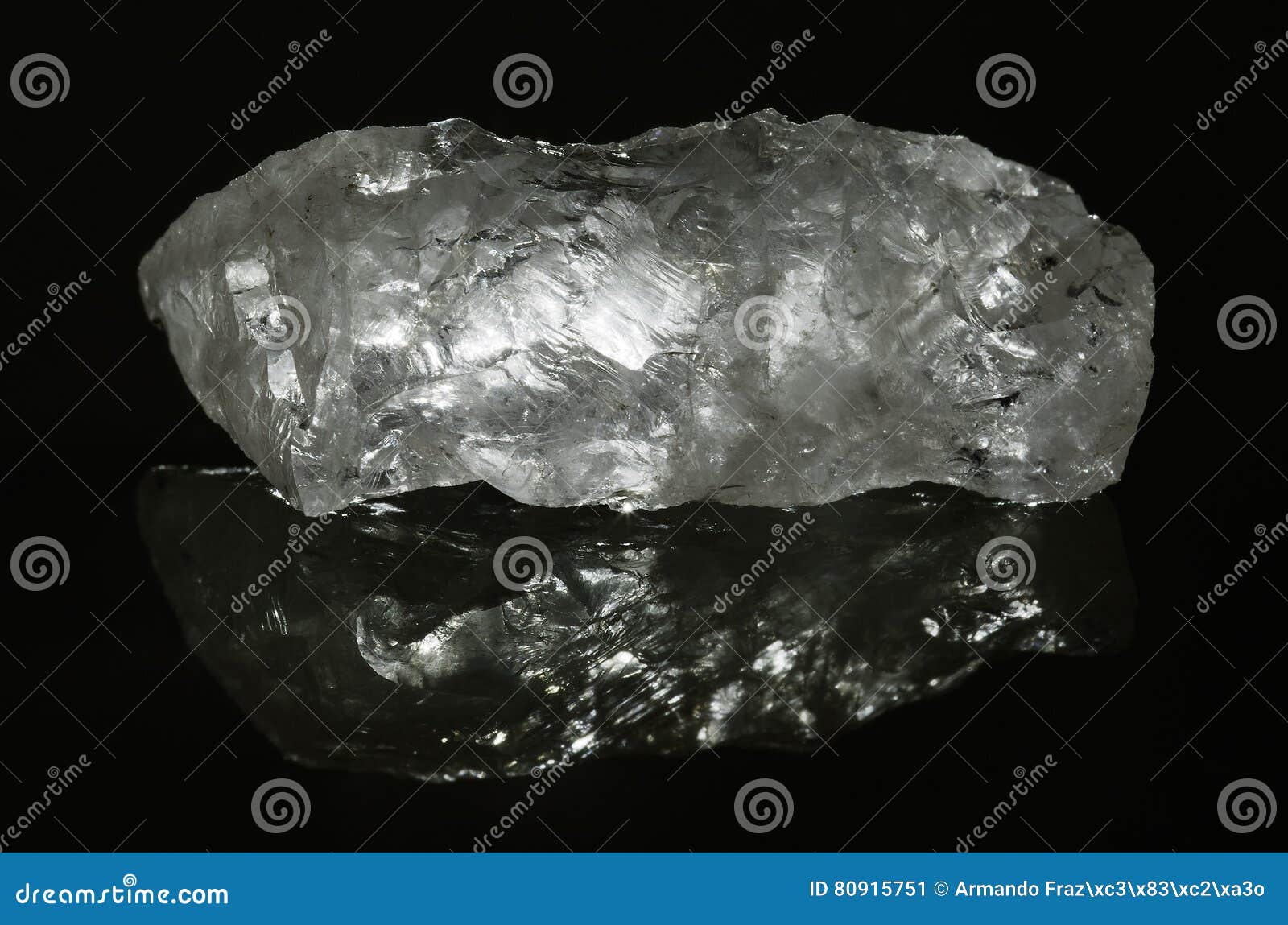 Quartz Raw Crystal Horizontal with Reflection and Isolated Over Black ...
