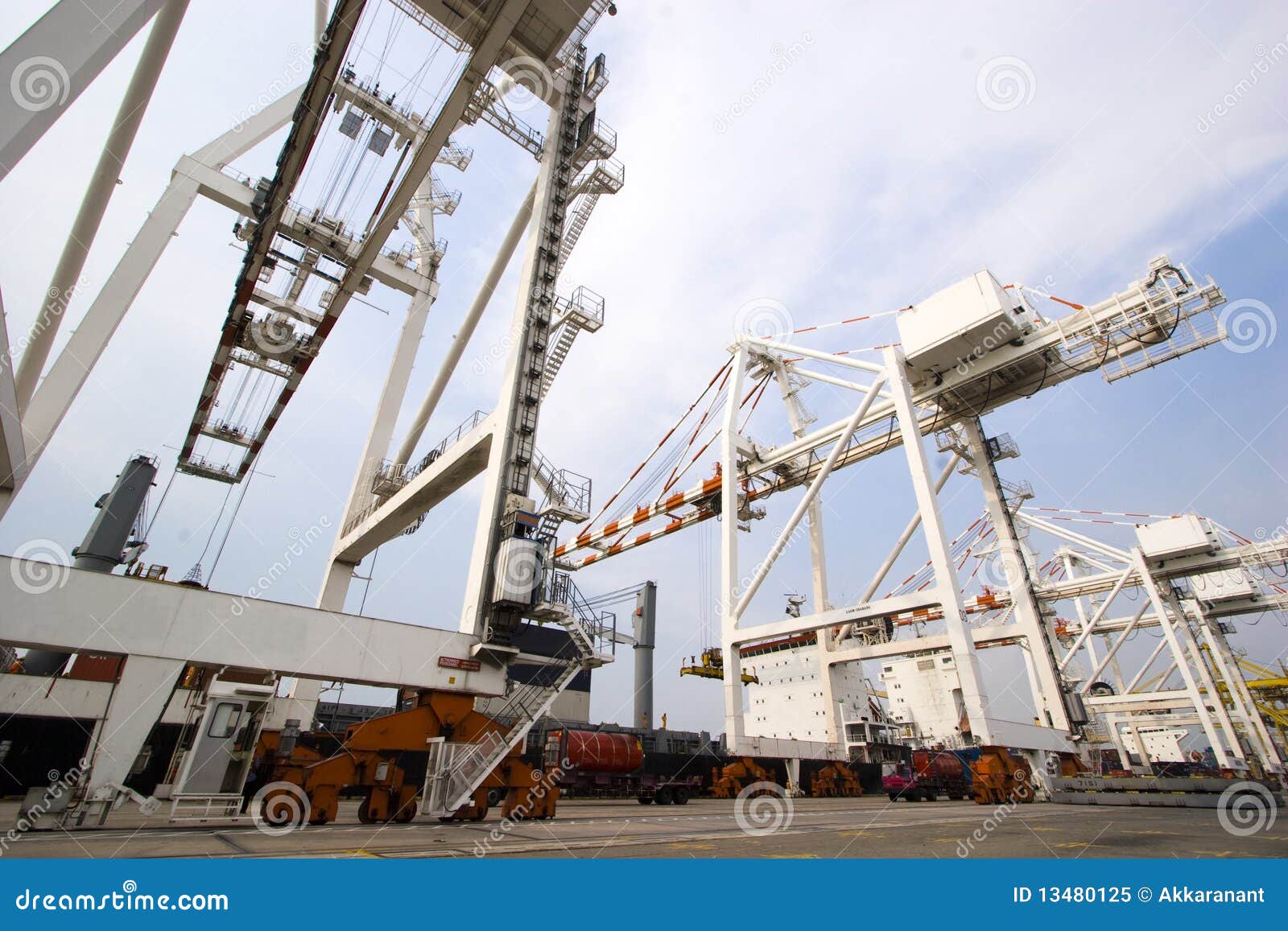 Quay Crane Standing On Jetty Harbor. Container Handling Equipment ...