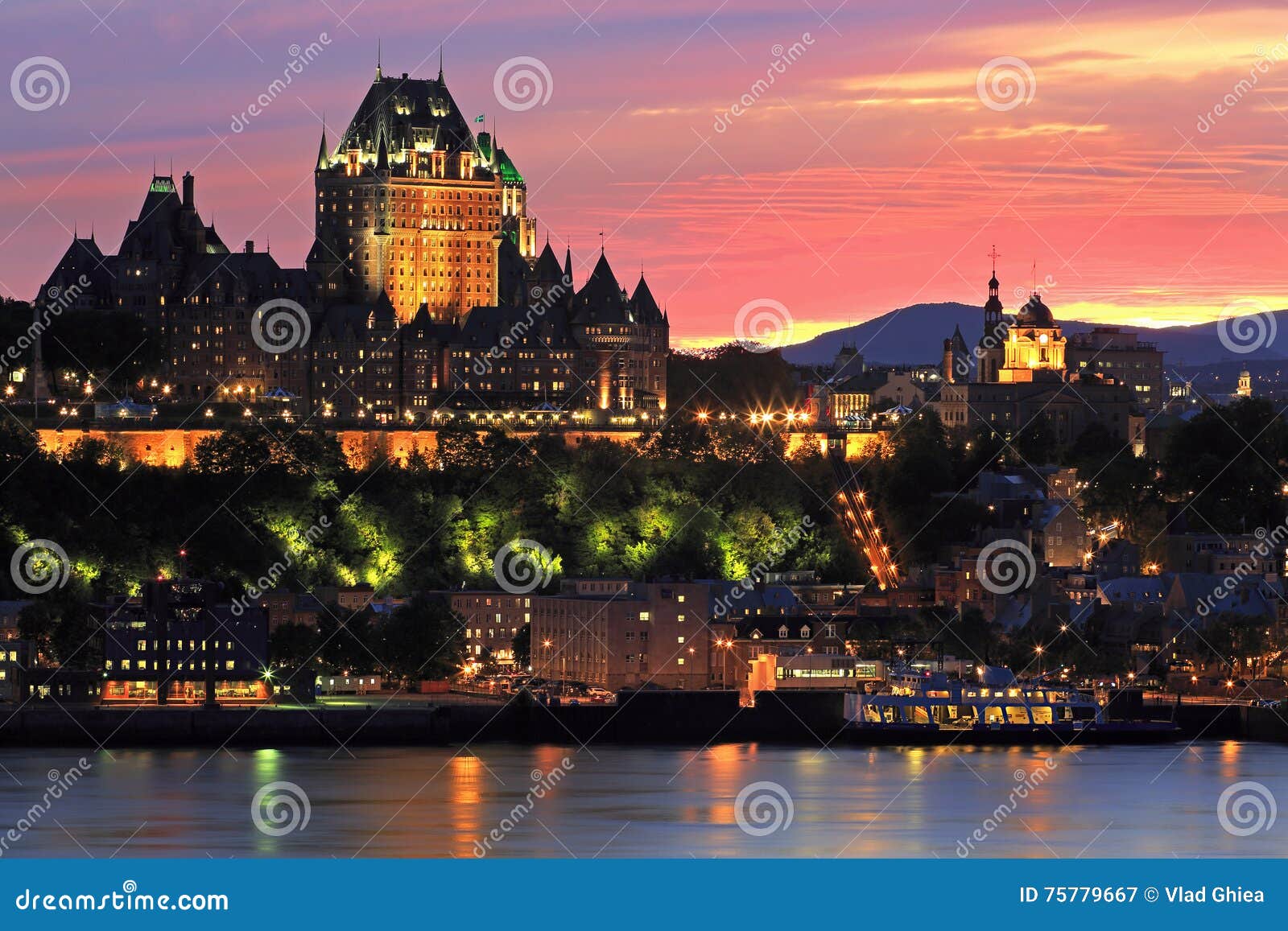 Quebec City Skyline at Dusk Stock Image - Image of mountains, twilight ...