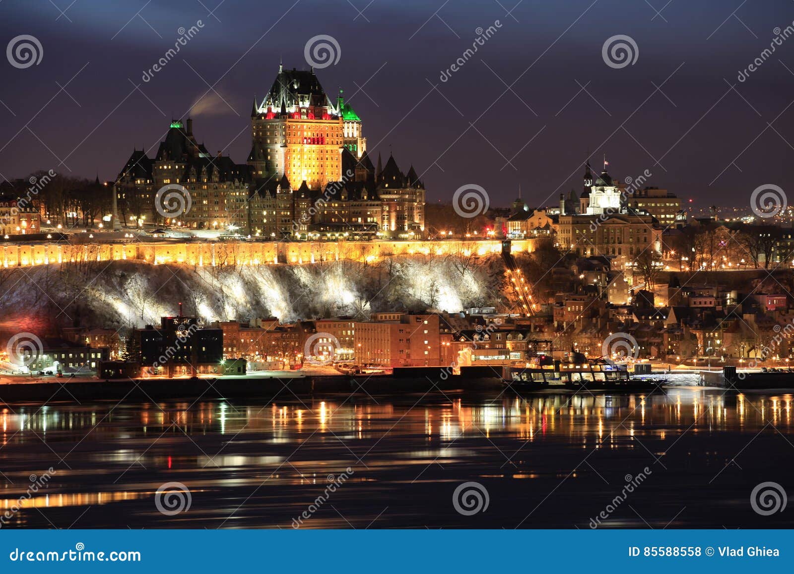 Quebec City Skyline at Night, Canada Stock Photo - Image of chateau ...