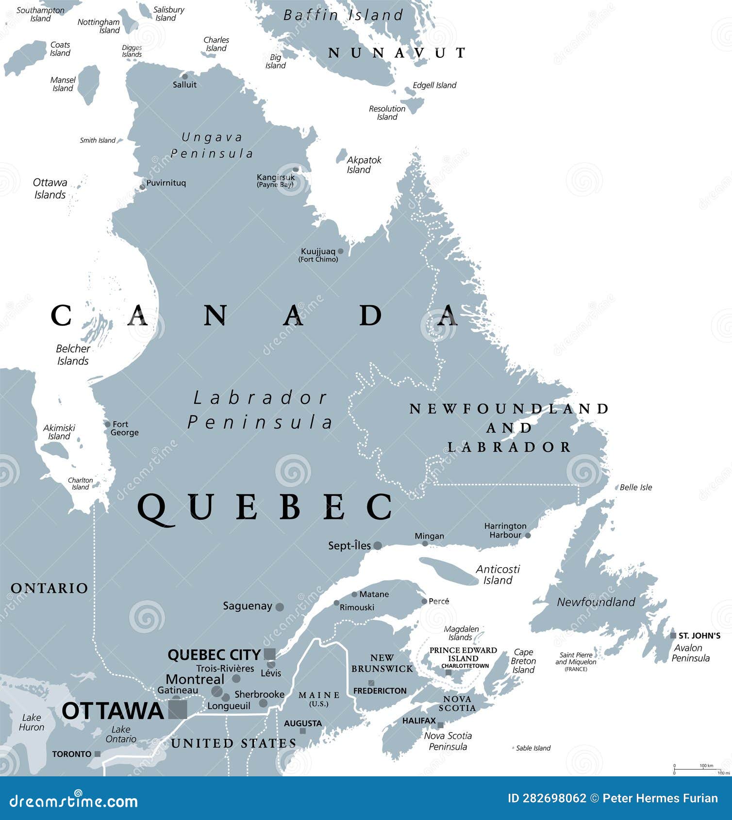 Quebec, Largest Province in Eastern Part of Canada, Gray Political Map ...