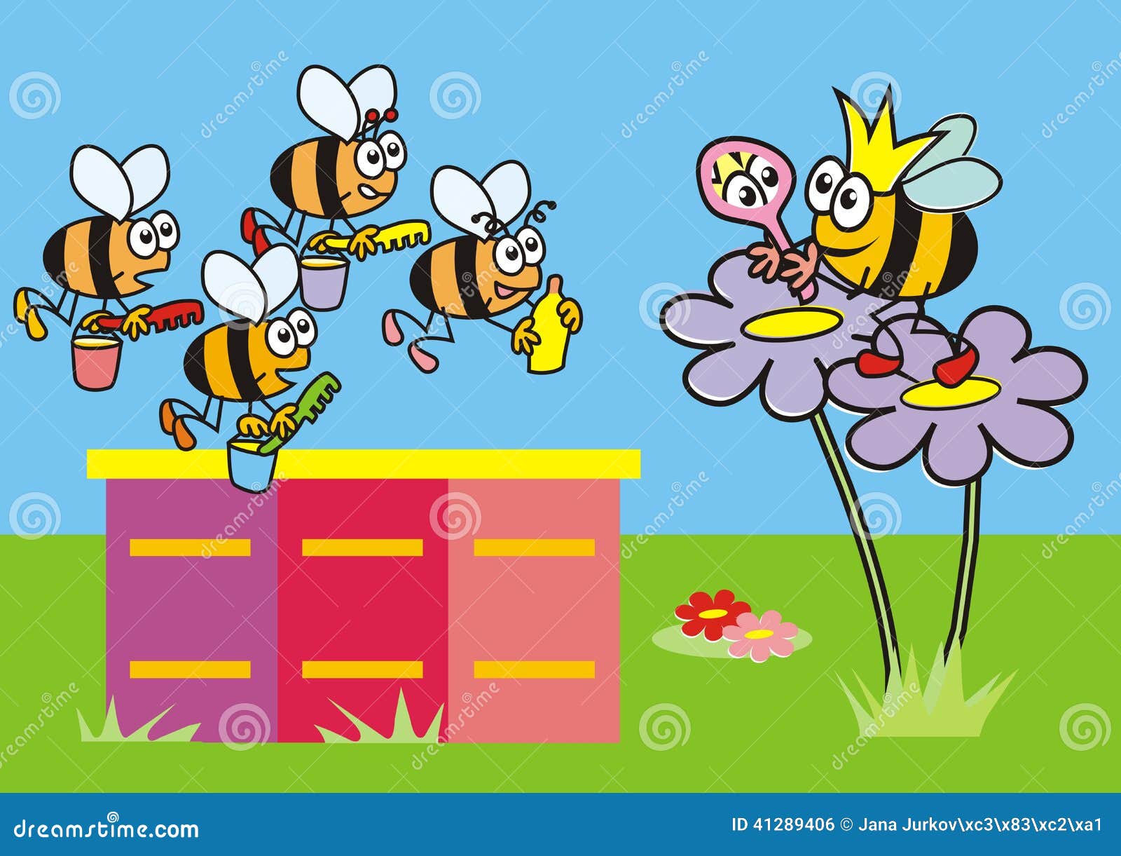 Queen Bee and the Workers, Hives, Funny Vector Illustraion. Stock ...