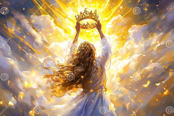 A Queen Elevates Her Crown High, Surrounded by Brilliant Light and ...