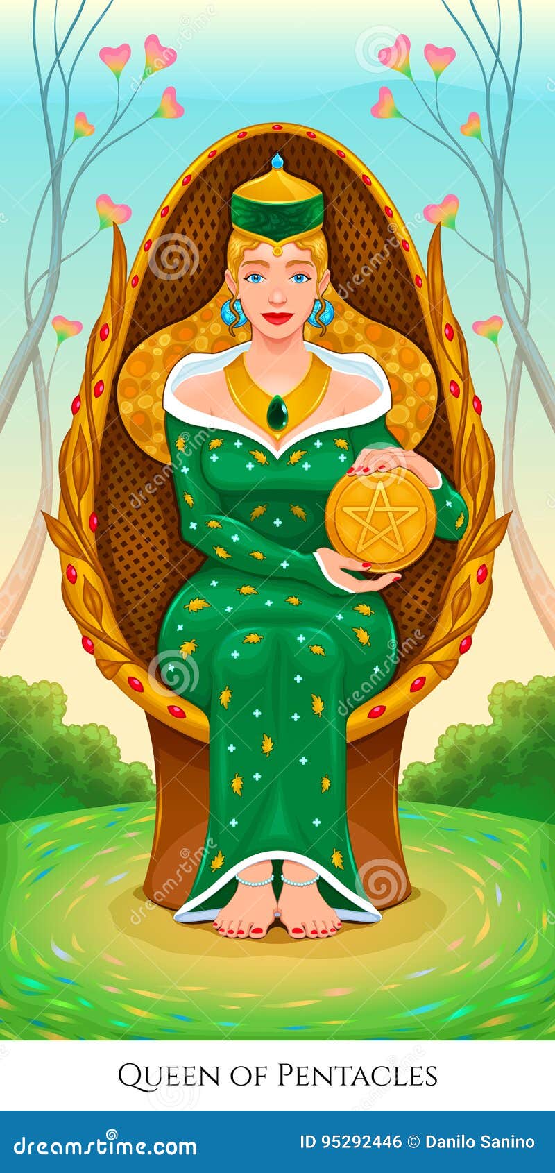 Queen of Pentacles, Tarot Card Stock Vector - Illustration of throne ...