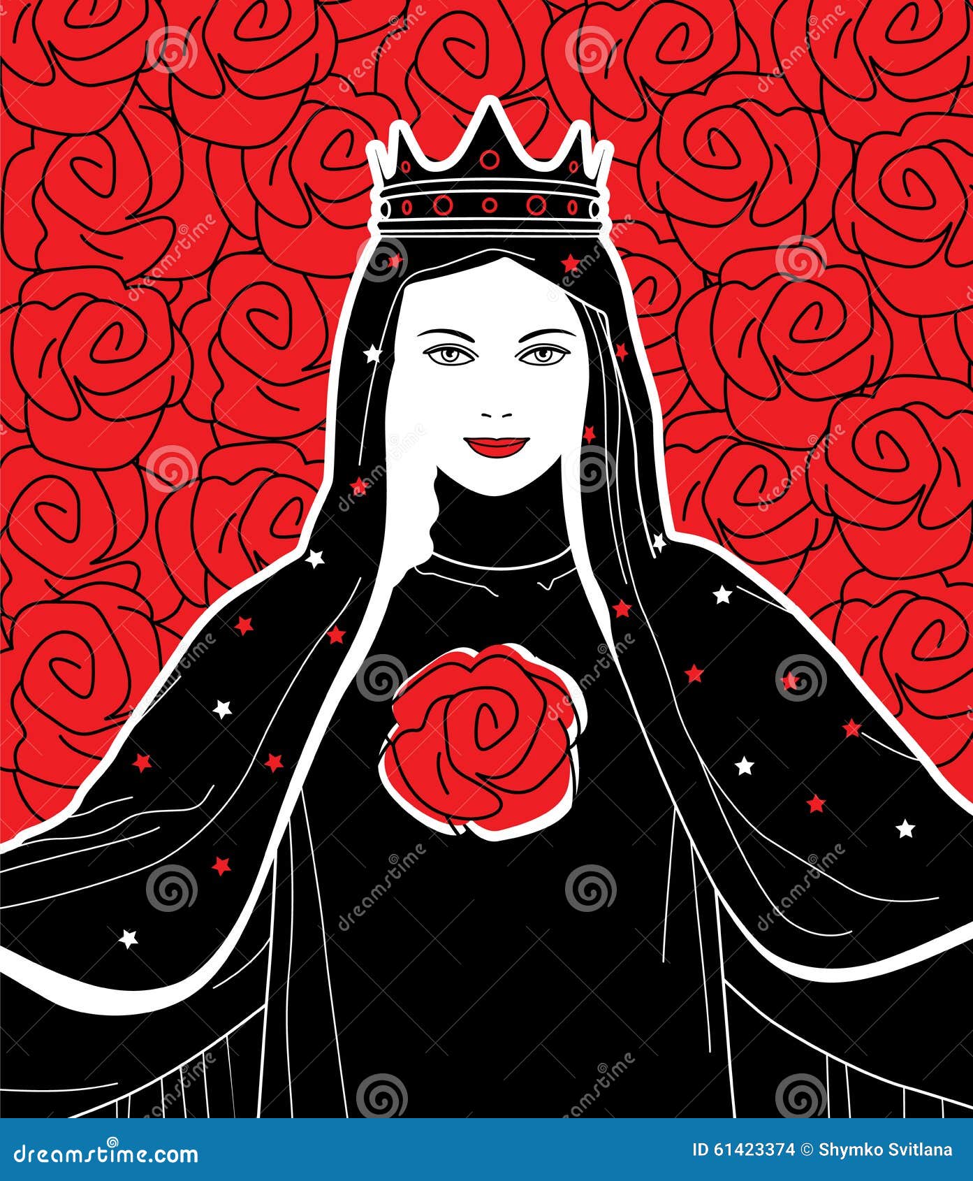 Queen with red roses stock vector. Illustration of coat - 61423374