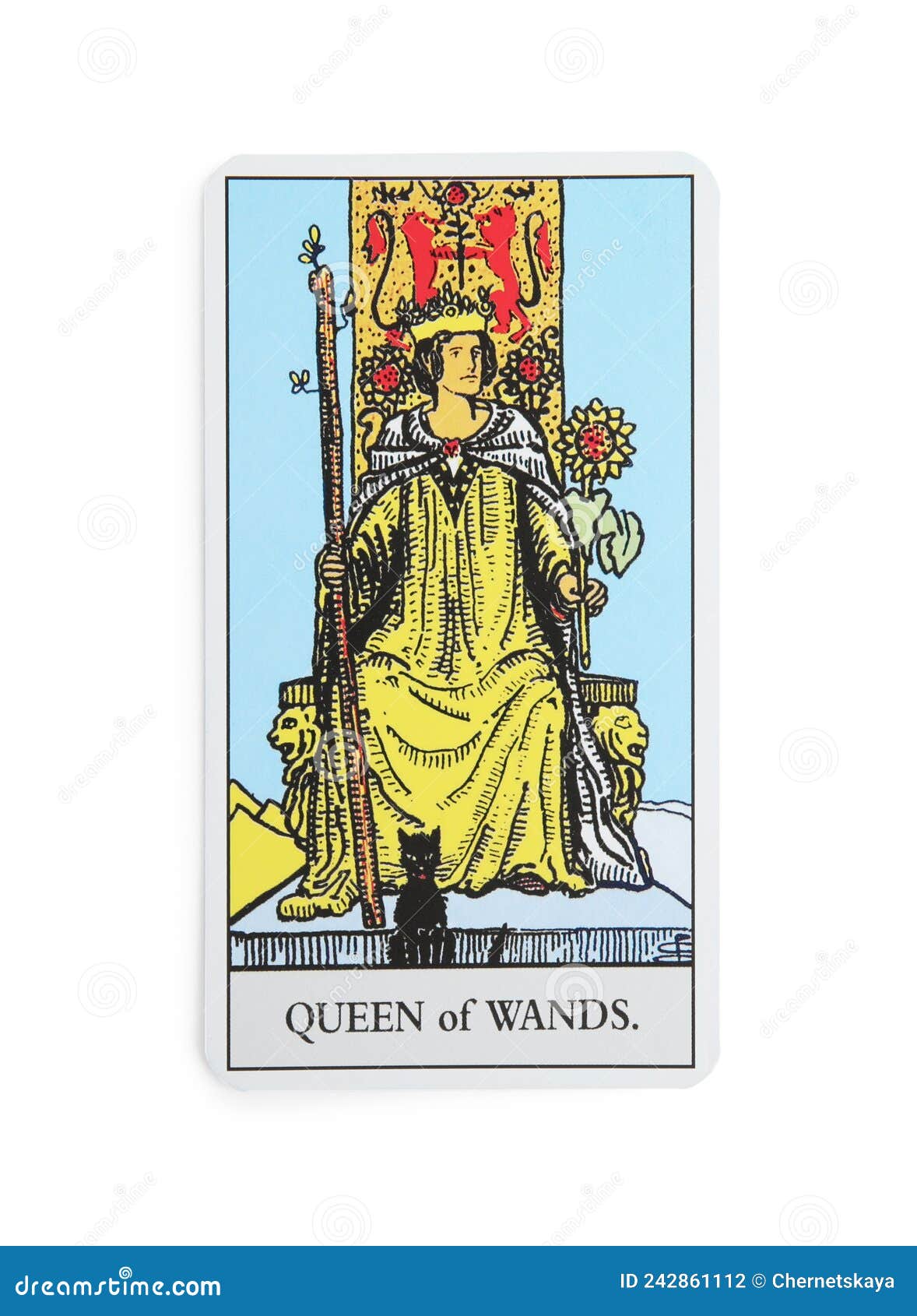 The Queen of Wands Tarot Card on White Background, Top View Editorial ...