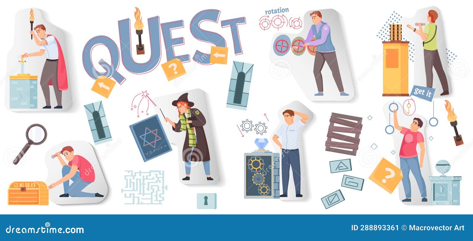 Quest Escape Game Flat Collage Icon Set Stock Vector - Illustration of ...