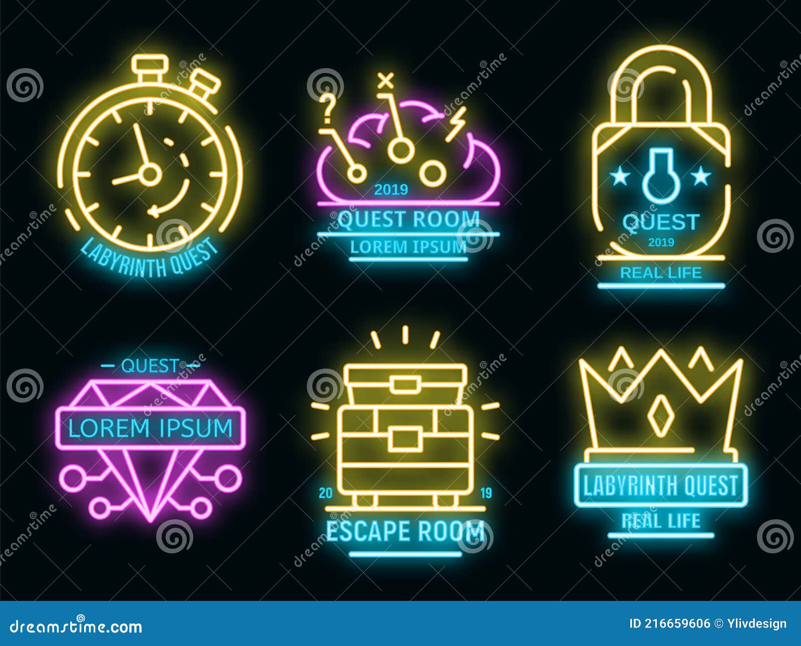 Quest Game Icons Set Vector Neon Stock Vector - Illustration of explore ...