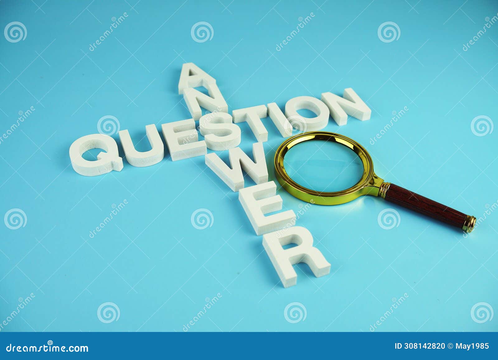 Question and Answer Alphabet Letters with Magnifying Glass on Blue ...