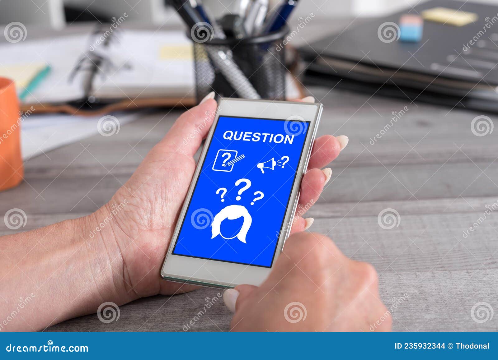 Question Concept on a Smartphone Stock Photo - Image of hand, problem ...