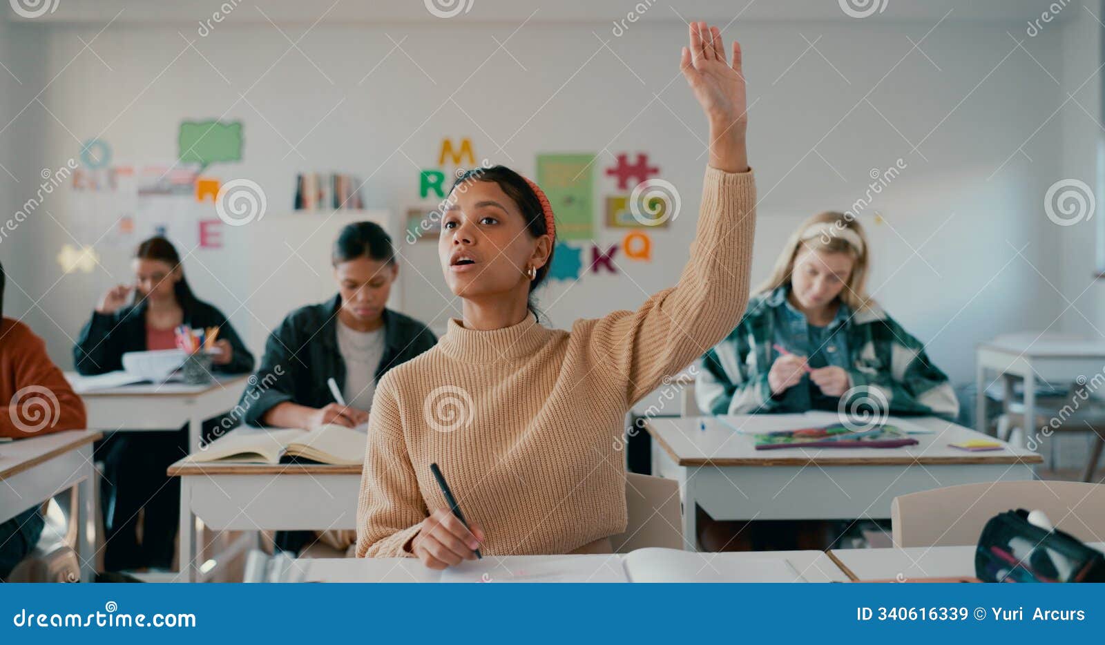 Question, Hands Raised and Education with Girl in Classroom for ...