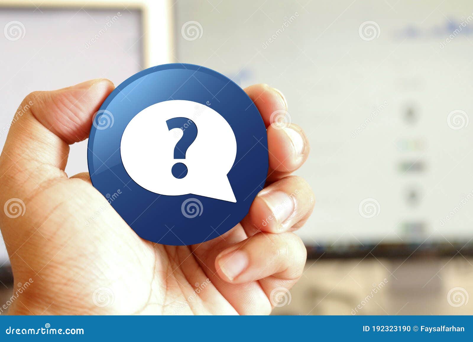 Question Mark Bubble Icon Blue Round Button Holding by Hand Infront of ...